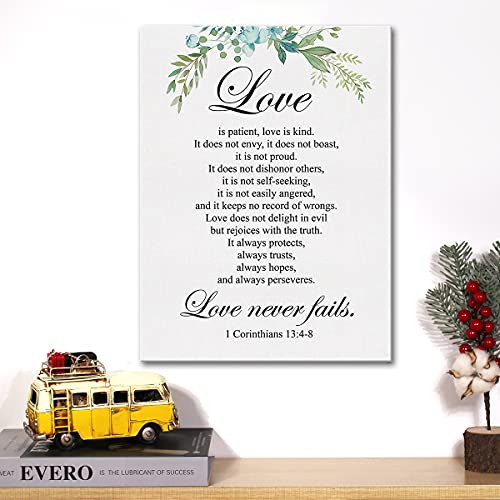 Christian Canvas Wall Art Love is Patient Love is Kind 1 Corinthians 13:4-8 Canvas Print Positive Scripture Canvas Painting Home Bedroom Wall Decor Framed Wedding Gift 12x15 Inch