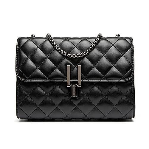 Small Quilted Crossbody Handbag or Shoulder Bag with Flap Purse with Chain Strap for Women (Black - Graphite Chain)