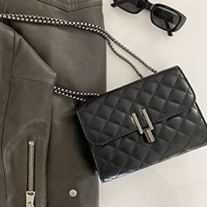 Small Quilted Crossbody Handbag or Shoulder Bag with Flap Purse with Chain Strap for Women (Black - Graphite Chain)