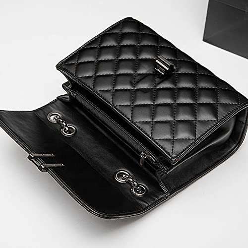 Small Quilted Crossbody Handbag or Shoulder Bag with Flap Purse with Chain Strap for Women (Black - Graphite Chain)