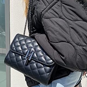 Small Quilted Crossbody Handbag or Shoulder Bag with Flap Purse with Chain Strap for Women (Black - Graphite Chain)