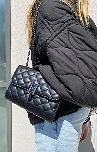 Small Quilted Crossbody Handbag or Shoulder Bag with Flap Purse with Chain Strap for Women (Black - Graphite Chain)