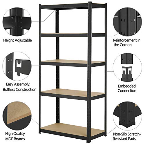 Shelving Unit 5-Shelf (28" L x 12" W x 59" H) Storage Shelves Heavy Duty Metal & MDF Rack Shelving Commercial Grade Utility Steel Storage Rack 386lbs Loading Capacity Per Shelf, Black