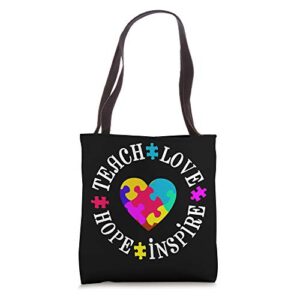 teach love hope inspire autism awareness autism teacher tote bag