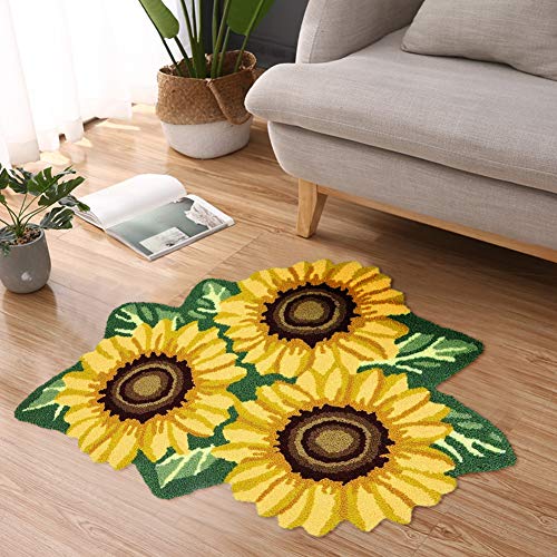 TEALP Sunflower Area Rug Yellow Flower Doormat Cute Rug for Kids Rustic Carpet Handmade Rug Washable Floral Mats for Bedroom/Living Room/Bathroom/Kitchen 35''x 25''