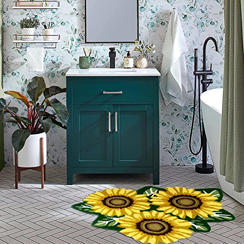 TEALP Sunflower Area Rug Yellow Flower Doormat Cute Rug for Kids Rustic Carpet Handmade Rug Washable Floral Mats for Bedroom/Living Room/Bathroom/Kitchen 35''x 25''