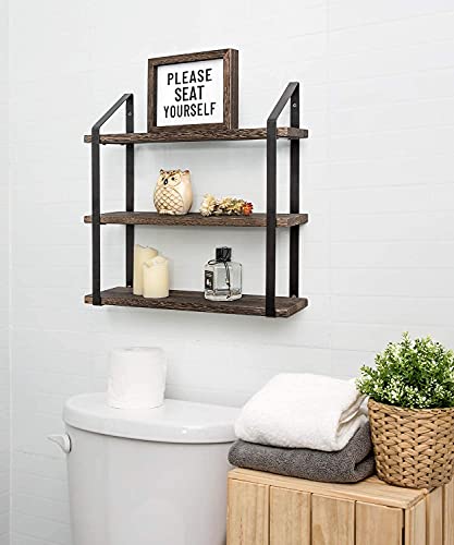 Mkono Floating Wall Shelves 3 Tier 17 Inch Rustic Hanging Shelf with Metal Bracket & 1 Pack Farmhouse Bathroom Signs Decor Rustic Wooden Box Sign