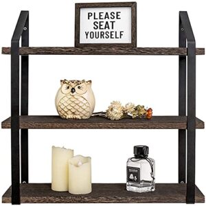 Mkono Floating Wall Shelves 3 Tier 17 Inch Rustic Hanging Shelf with Metal Bracket & 1 Pack Farmhouse Bathroom Signs Decor Rustic Wooden Box Sign