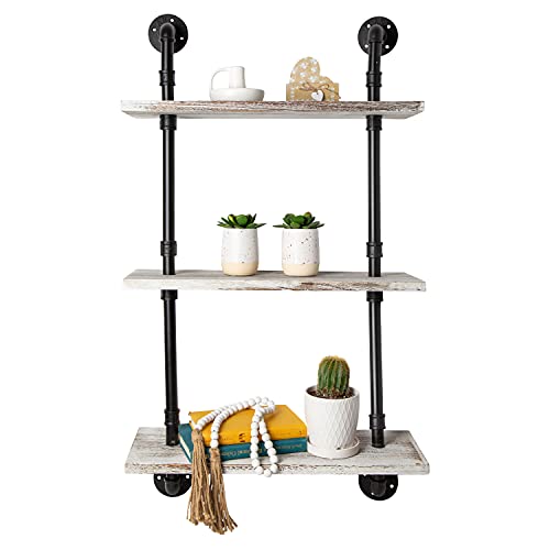 3-Tier Industrial Shelves – Wall-Mount, Farmhouse Shelves w/ Rustic Wood and Black Matte Pipe Brackets for Kitchen, Laundry Room, Living-Room and More – Decorative, Retro Bookshelf - Rustic White