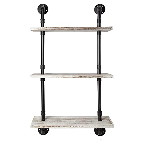 3-Tier Industrial Shelves – Wall-Mount, Farmhouse Shelves w/ Rustic Wood and Black Matte Pipe Brackets for Kitchen, Laundry Room, Living-Room and More – Decorative, Retro Bookshelf - Rustic White