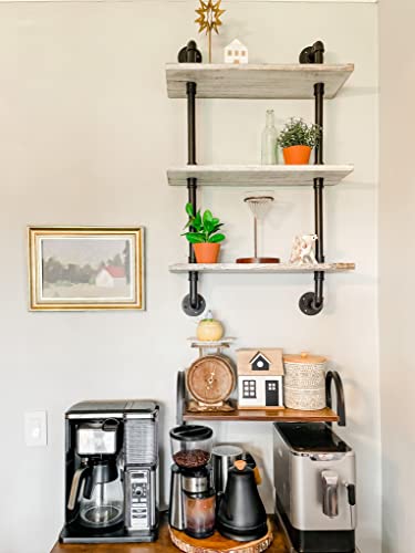 3-Tier Industrial Shelves – Wall-Mount, Farmhouse Shelves w/ Rustic Wood and Black Matte Pipe Brackets for Kitchen, Laundry Room, Living-Room and More – Decorative, Retro Bookshelf - Rustic White