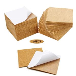 60pcs self adhesive cork squares, motasom 4 x 4 inch strong cork adhesive sheets, reusable cork board cork backing sheets, mini wall cork tiles mat for coasters and diy crafts