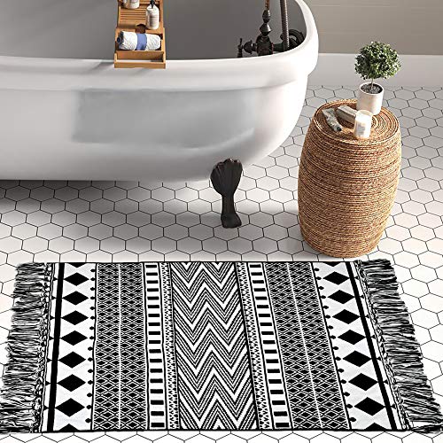 Upgraded Boho Bathroom Rug 2'x3', 100% Woven Geometric Rug for Bedroom Black and White Rug Bohemian Bath Mat, Kitchen Rug Washable Cotton Small Throw Rug, Tassel Rug for Kitchen/Laundry/Doorway/Porch