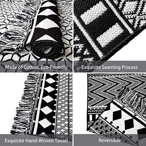 Upgraded Boho Bathroom Rug 2'x3', 100% Woven Geometric Rug for Bedroom Black and White Rug Bohemian Bath Mat, Kitchen Rug Washable Cotton Small Throw Rug, Tassel Rug for Kitchen/Laundry/Doorway/Porch