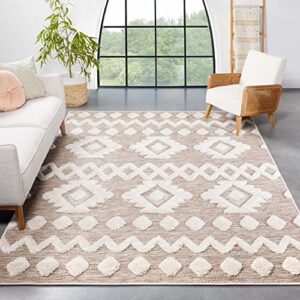 well woven cenar beige flat-weave hi-low pile diamond medallion stripes moroccan tribal area rug (7’10” x 9’10”)