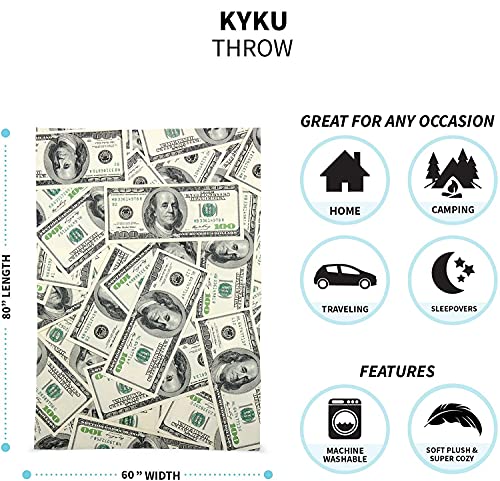 KYKU Money Blanket Throw Funny 100 Dollar Bill Cash Us Cute Things Family Novelty Cool Stuff for Teen Girls, Boys, Women, Men, Students, Gamer, Anyone, Fun Friends Birthday Gifts (Green, 60" × 80")