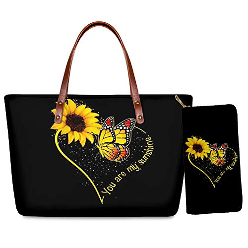 WELLFLYHOM Handbag and Wallet Set Butterfly Sunflower Black Tote Purse with Wallet, Top Handle Handbags for Women Satchel Tote Bag Shopping Work Beach Shoulder Bag Large Capacity