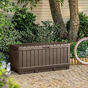 Keter Kentwood 90 Gallon Resin Deck Box-Organization and Storage for Patio Furniture Outdoor Cushions, Throw Pillows, Garden Tools and Pool Toys, Brown