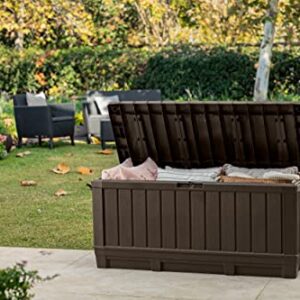 Keter Kentwood 90 Gallon Resin Deck Box-Organization and Storage for Patio Furniture Outdoor Cushions, Throw Pillows, Garden Tools and Pool Toys, Brown