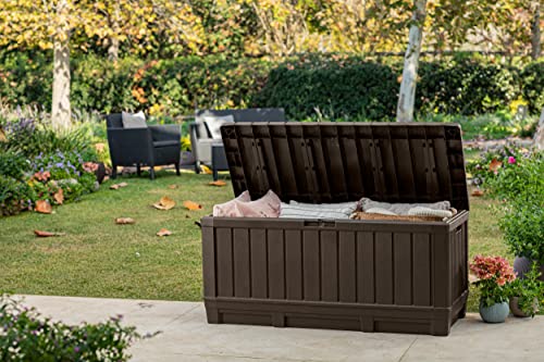 Keter Kentwood 90 Gallon Resin Deck Box-Organization and Storage for Patio Furniture Outdoor Cushions, Throw Pillows, Garden Tools and Pool Toys, Brown