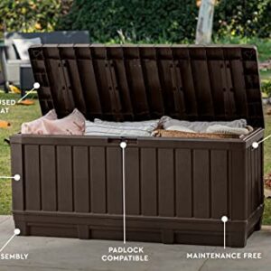 Keter Kentwood 90 Gallon Resin Deck Box-Organization and Storage for Patio Furniture Outdoor Cushions, Throw Pillows, Garden Tools and Pool Toys, Brown