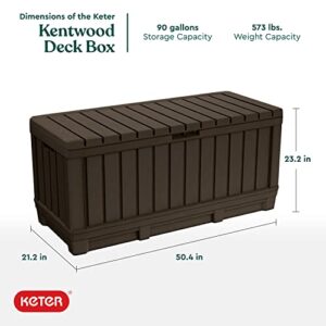 Keter Kentwood 90 Gallon Resin Deck Box-Organization and Storage for Patio Furniture Outdoor Cushions, Throw Pillows, Garden Tools and Pool Toys, Brown