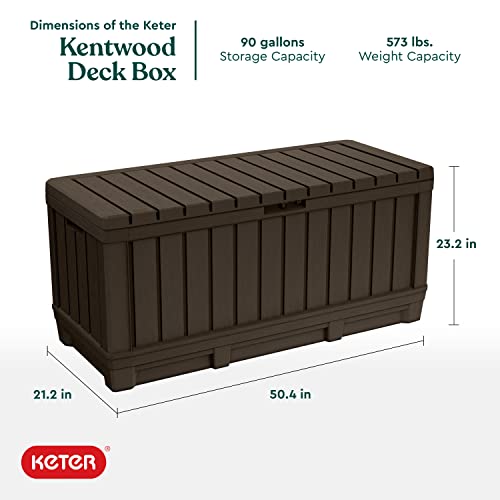 Keter Kentwood 90 Gallon Resin Deck Box-Organization and Storage for Patio Furniture Outdoor Cushions, Throw Pillows, Garden Tools and Pool Toys, Brown