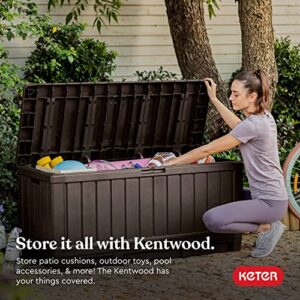 Keter Kentwood 90 Gallon Resin Deck Box-Organization and Storage for Patio Furniture Outdoor Cushions, Throw Pillows, Garden Tools and Pool Toys, Brown