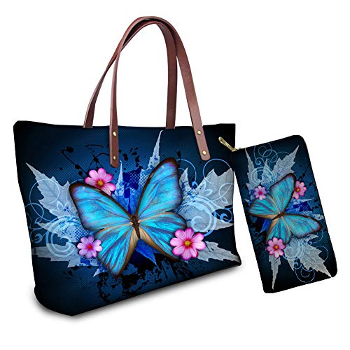 WELLFLYHOM Blue Butterfly Tote Purse and Wallet Set, Top Handle Bags for Women Satchel Shoulder Handbags Large Travel Shopping Work Evening Party Tote Bag with Leather Wallet Zipper