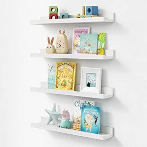 forbena nursery floating shelves for wall, 23 inch long nursery book shelves set of 4, rustic wood picture ledge shelf for bedroom, bathroom, living room, photo frames, office decor (white)