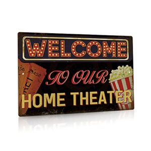 putuo decor movie theater sign, vintage wall decor for bar, cafes pubs, media room, 12×8 inches aluminum metal sign (welcome to our home theater)