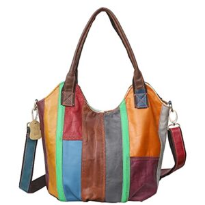 Segater Women Multi-color Handbag Genuine Leather Shoulder Bag Random Stitching Colorful Hobo Tote Satchel Travel Purse