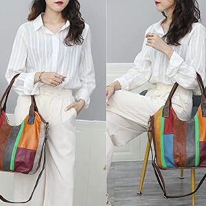 Segater Women Multi-color Handbag Genuine Leather Shoulder Bag Random Stitching Colorful Hobo Tote Satchel Travel Purse