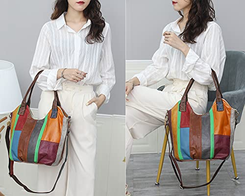 Segater Women Multi-color Handbag Genuine Leather Shoulder Bag Random Stitching Colorful Hobo Tote Satchel Travel Purse