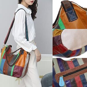 Segater Women Multi-color Handbag Genuine Leather Shoulder Bag Random Stitching Colorful Hobo Tote Satchel Travel Purse