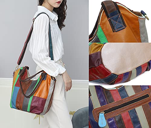 Segater Women Multi-color Handbag Genuine Leather Shoulder Bag Random Stitching Colorful Hobo Tote Satchel Travel Purse