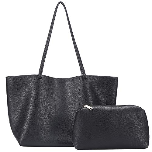 Women's Soft PU Leather Tote Shoulder Bag from HORSE&TIGER, Minimalist Litchi Texture Handbag (Black)