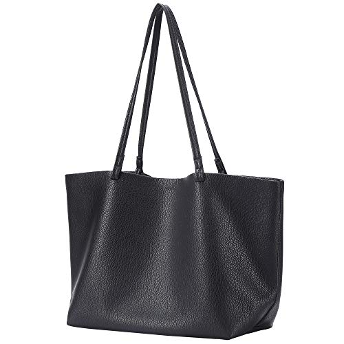 Women's Soft PU Leather Tote Shoulder Bag from HORSE&TIGER, Minimalist Litchi Texture Handbag (Black)