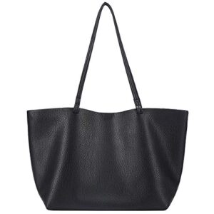 Women's Soft PU Leather Tote Shoulder Bag from HORSE&TIGER, Minimalist Litchi Texture Handbag (Black)