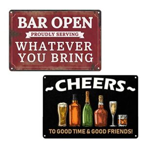 vsiiko bar open and cheers funny metal tin sign home bar signs for man cave coffee small vintage wall decor for men 8×12 inch（2pcs）