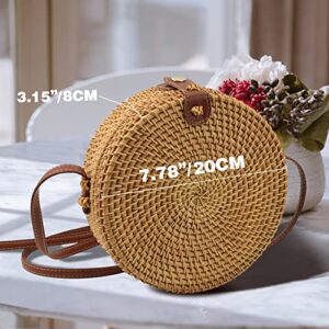 WOWLADY Round Rattan Bags Woman Handwoven Straw Purse Bag Crossbody Shoulder Leather Straps Natural Chic Leather Buckle