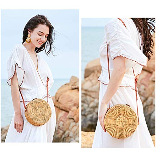 WOWLADY Round Rattan Bags Woman Handwoven Straw Purse Bag Crossbody Shoulder Leather Straps Natural Chic Leather Buckle