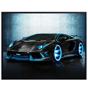 tron lamborghini aventador – lamborghini poster – blue lamborghini car – lambo poster for men, boys room, man cave, garage, office – lamborghini aventador poster – exotic cars wall art decor -unframed