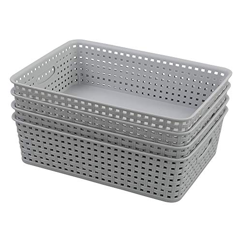 Dehouse Rectangular Plastic Storage Baskets Tray, Grey, Set of 4