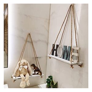 horezer wood-rope hanging floating shelves wall decor set of 2, rustic white wall shelf with 4 hooks and 4 ropes,wall hanging rope shelves for garden kitchen bathroom living room