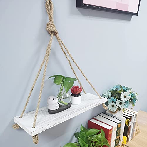 HoreZer Wood-Rope Hanging Floating Shelves Wall Decor Set of 2, Rustic White Wall Shelf with 4 Hooks and 4 Ropes,Wall Hanging Rope Shelves for Garden Kitchen Bathroom Living Room