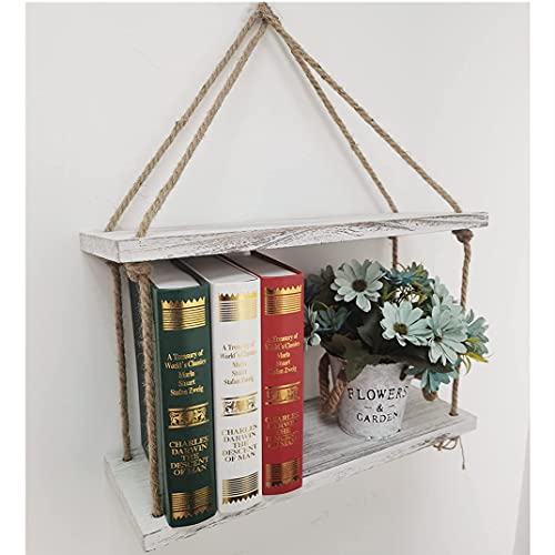 HoreZer Wood-Rope Hanging Floating Shelves Wall Decor Set of 2, Rustic White Wall Shelf with 4 Hooks and 4 Ropes,Wall Hanging Rope Shelves for Garden Kitchen Bathroom Living Room