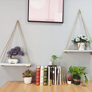 HoreZer Wood-Rope Hanging Floating Shelves Wall Decor Set of 2, Rustic White Wall Shelf with 4 Hooks and 4 Ropes,Wall Hanging Rope Shelves for Garden Kitchen Bathroom Living Room