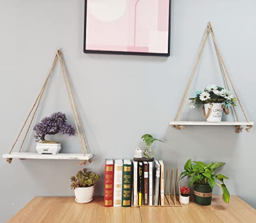 HoreZer Wood-Rope Hanging Floating Shelves Wall Decor Set of 2, Rustic White Wall Shelf with 4 Hooks and 4 Ropes,Wall Hanging Rope Shelves for Garden Kitchen Bathroom Living Room