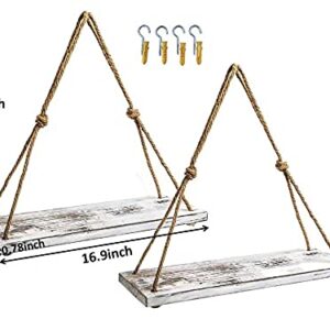 HoreZer Wood-Rope Hanging Floating Shelves Wall Decor Set of 2, Rustic White Wall Shelf with 4 Hooks and 4 Ropes,Wall Hanging Rope Shelves for Garden Kitchen Bathroom Living Room